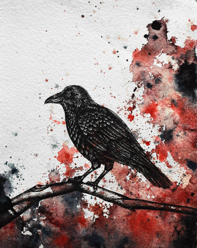 Tableau Corbeau à l'encre et aquarelle sur papier - Stal ar Raden